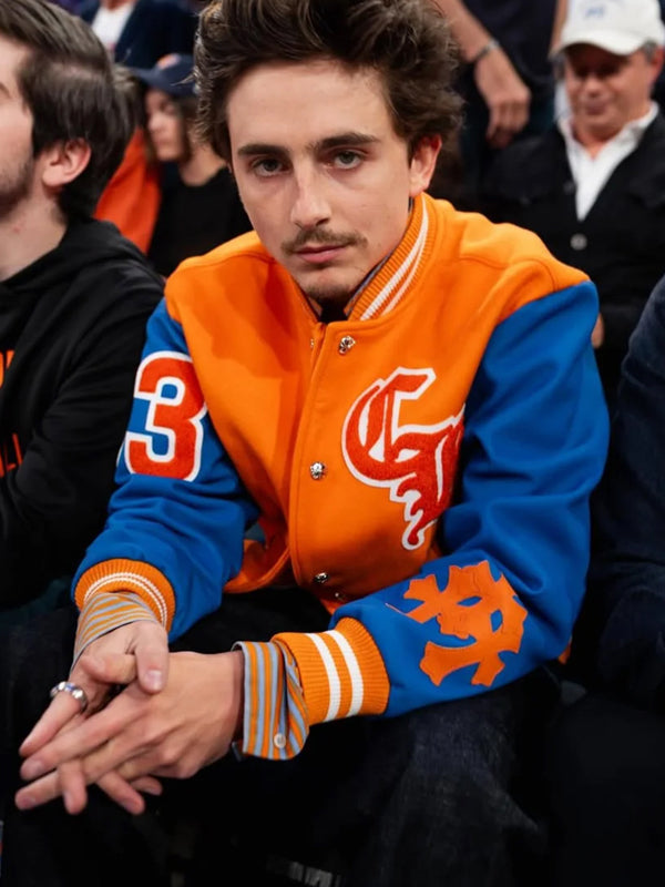 Timothée Chalamet Blue and Orange Varsity Jacket – Jacket Creator